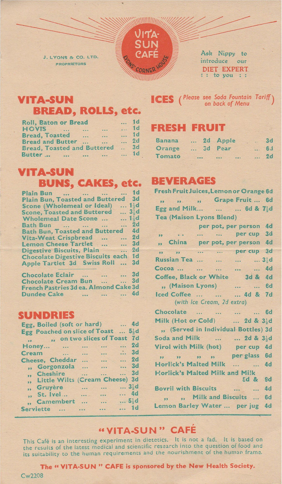 Vita-Sun Café, Lyons' Corner House London 1920s menu - Flashbak